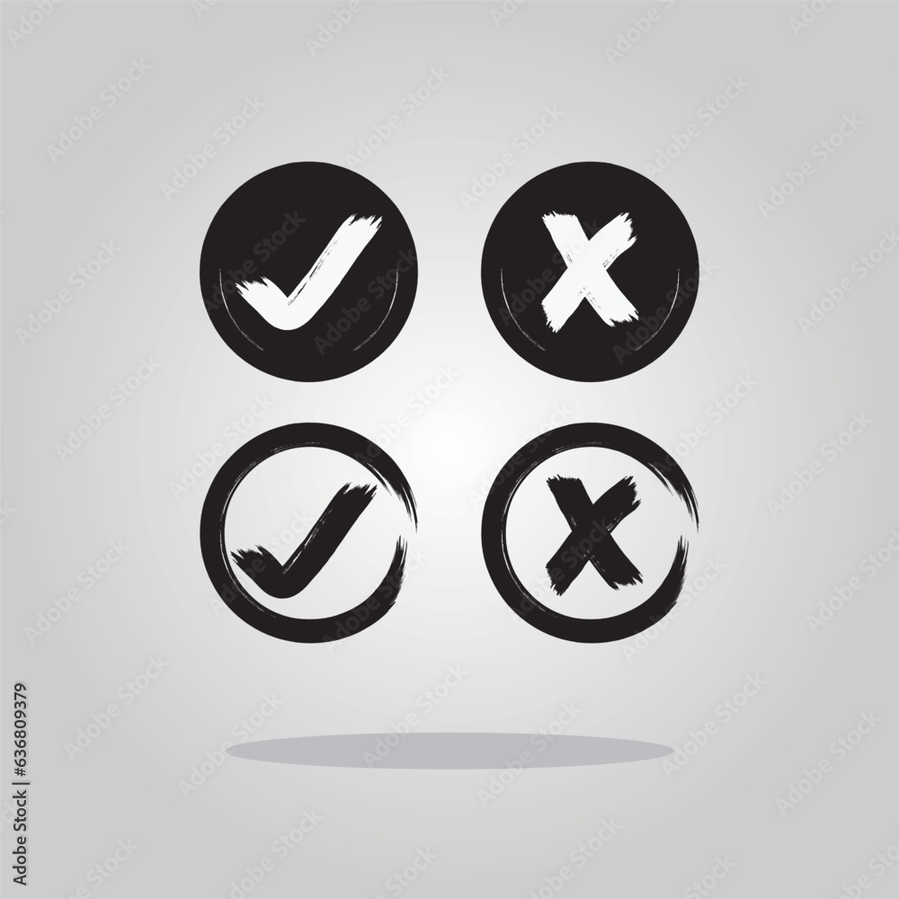 Black isolated ink brush style check mark and crossed X mark circle ...