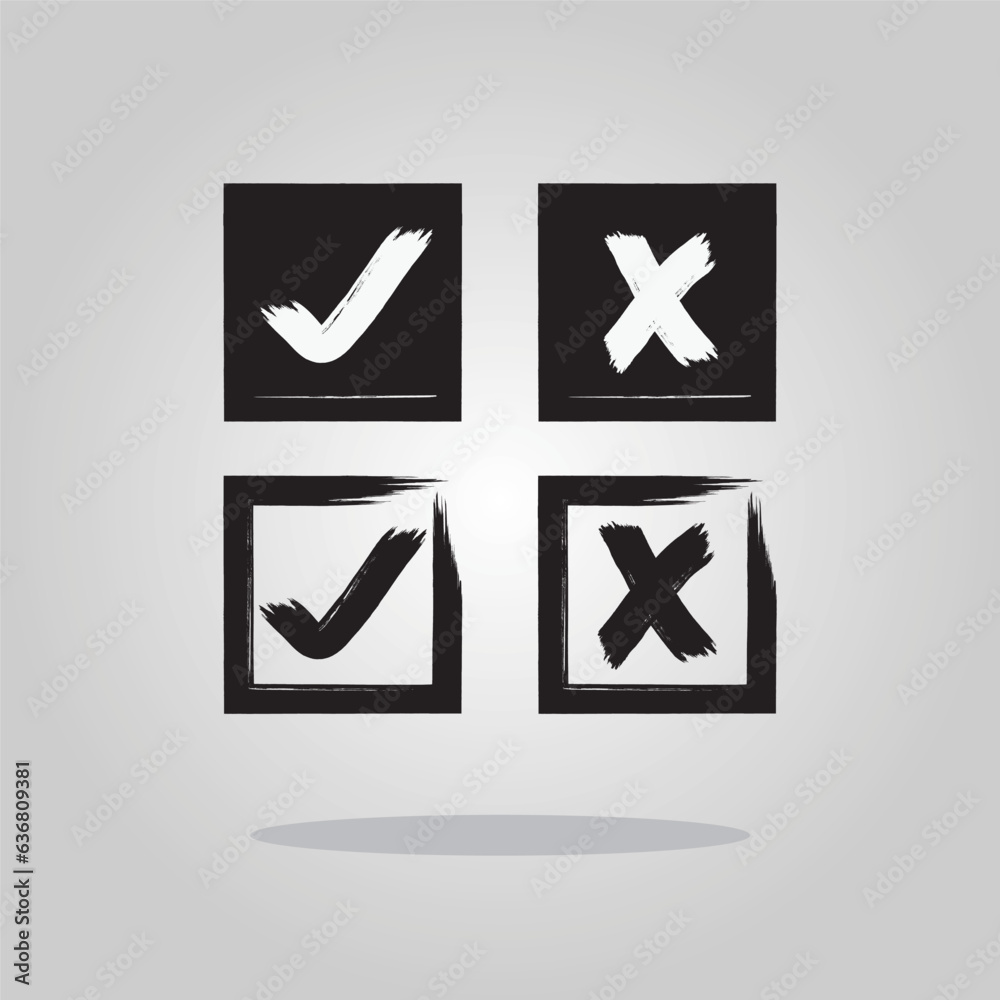Black isolated ink brush style check mark and crossed X mark square boxes icons set design ...