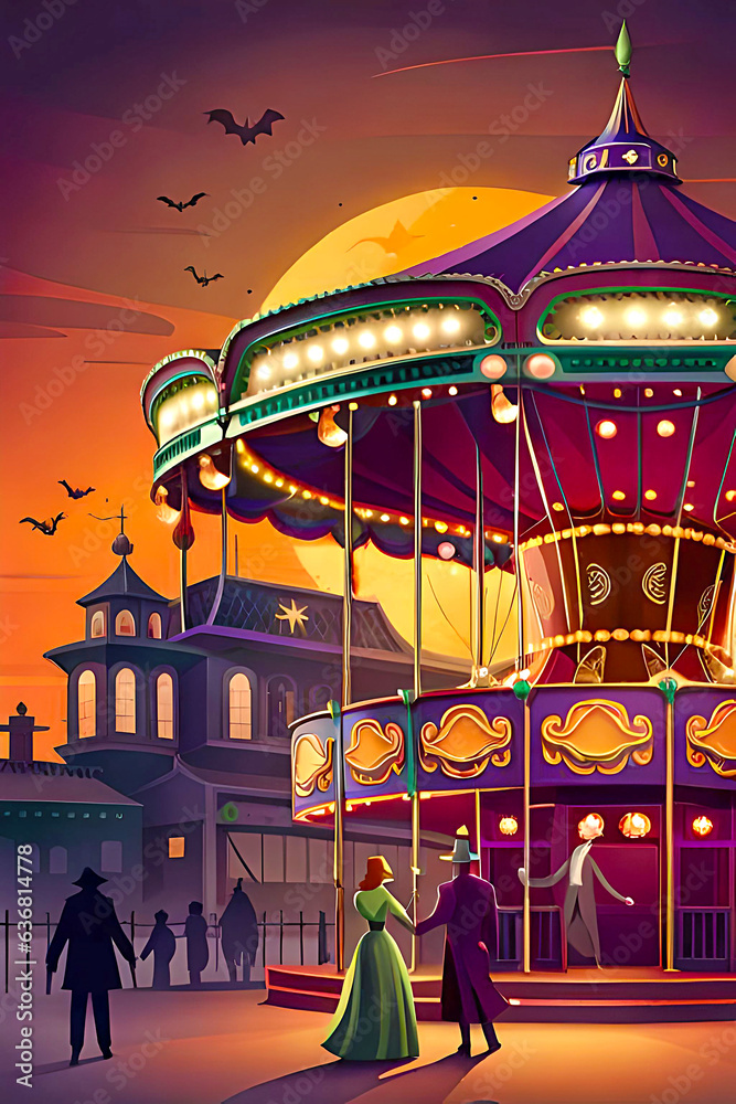 dynamic Halloween poster showcasing a haunted carnival scene. Include a ...