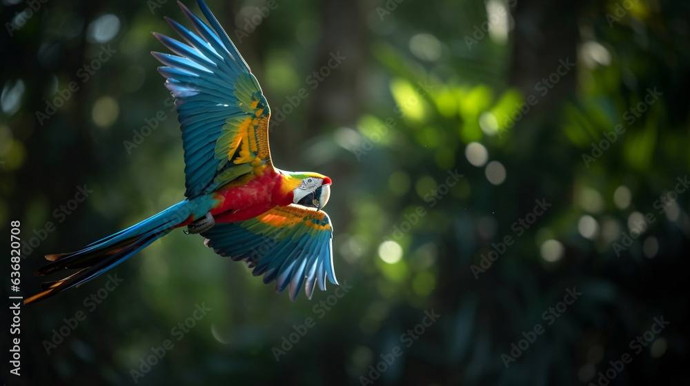 flying macaw beautiful bird. Macaw parrot flying in dark green ...