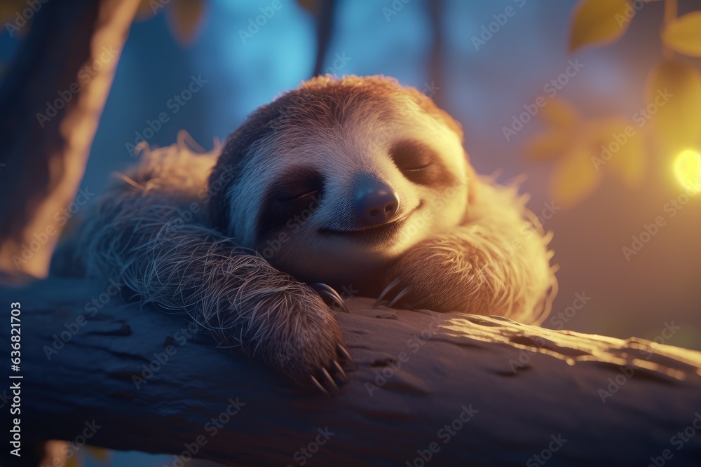Sloth taking a leisurely nap on a tree branch, its eyes closed and a ...
