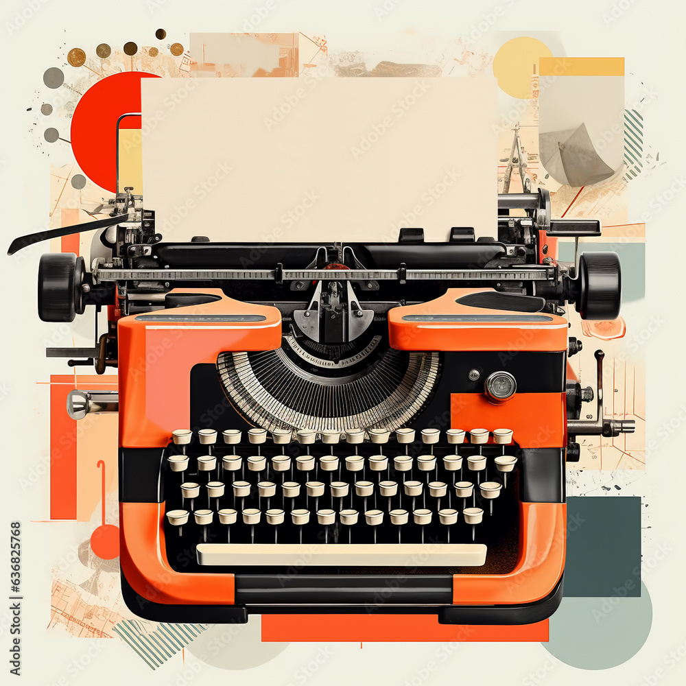 Collage of old mechanical orange coloured typewriter, with sheet of ...