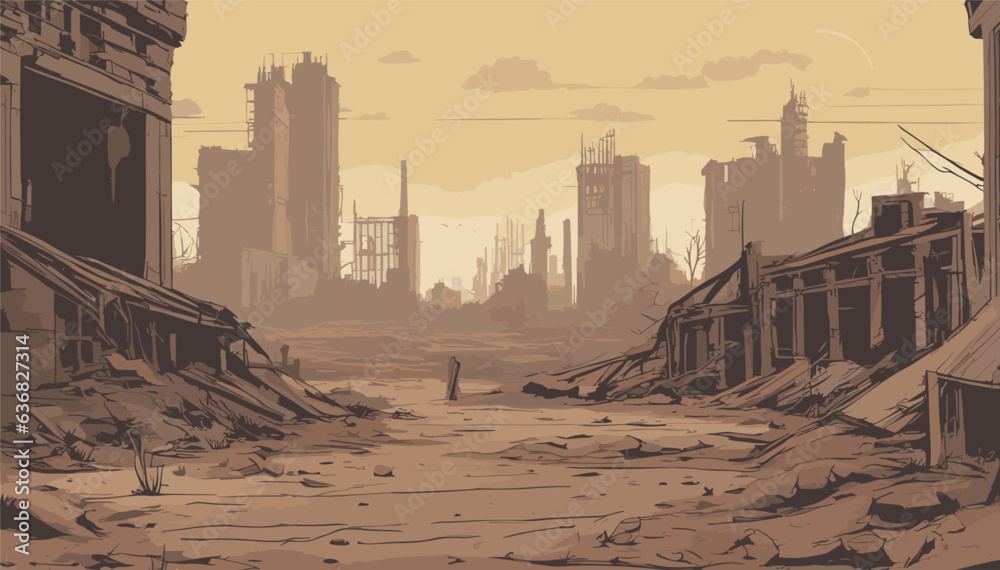 background image depicting a post-apocalyptic wasteland, with crumbling ...