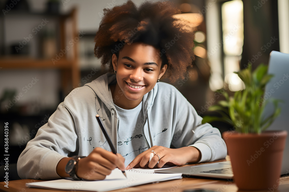 Happy african teen student studying at home in front of laptop writing ...