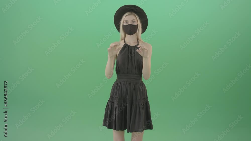 Covid 19 girl in black mask working on virtual keyboard buttons and ...