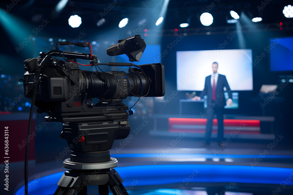 Professional TV Camera Standing in Live News Studio with Anchor seen in ...