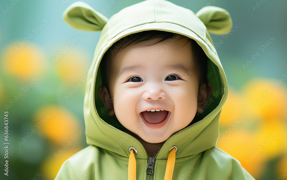 Portrait of happy asian baby in color clothing on color background ...