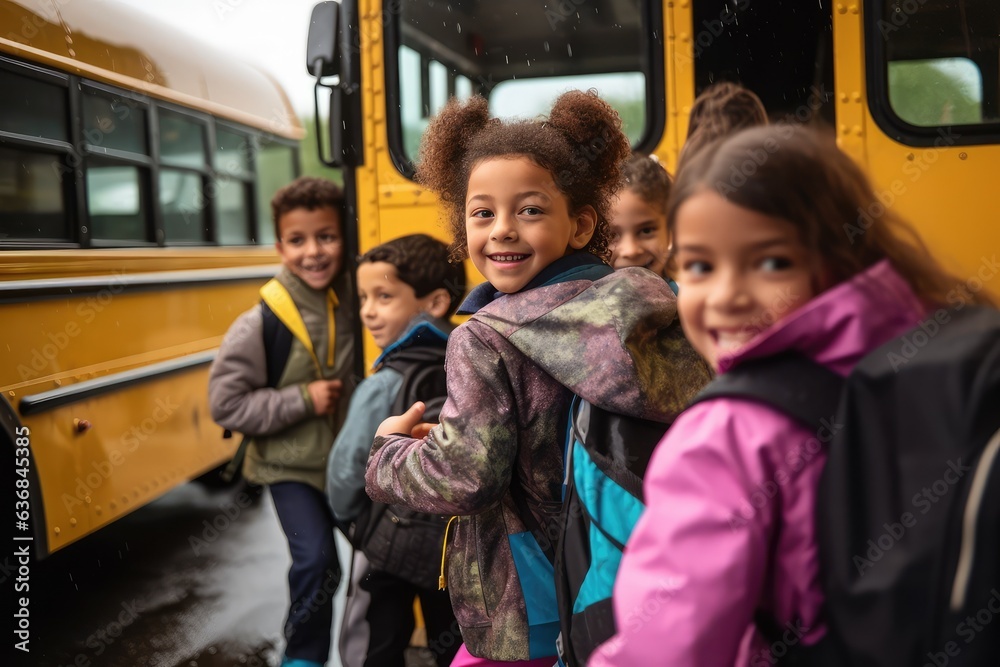 Happy diverse kids boarding school bus in rain with jackets, boots, and ...