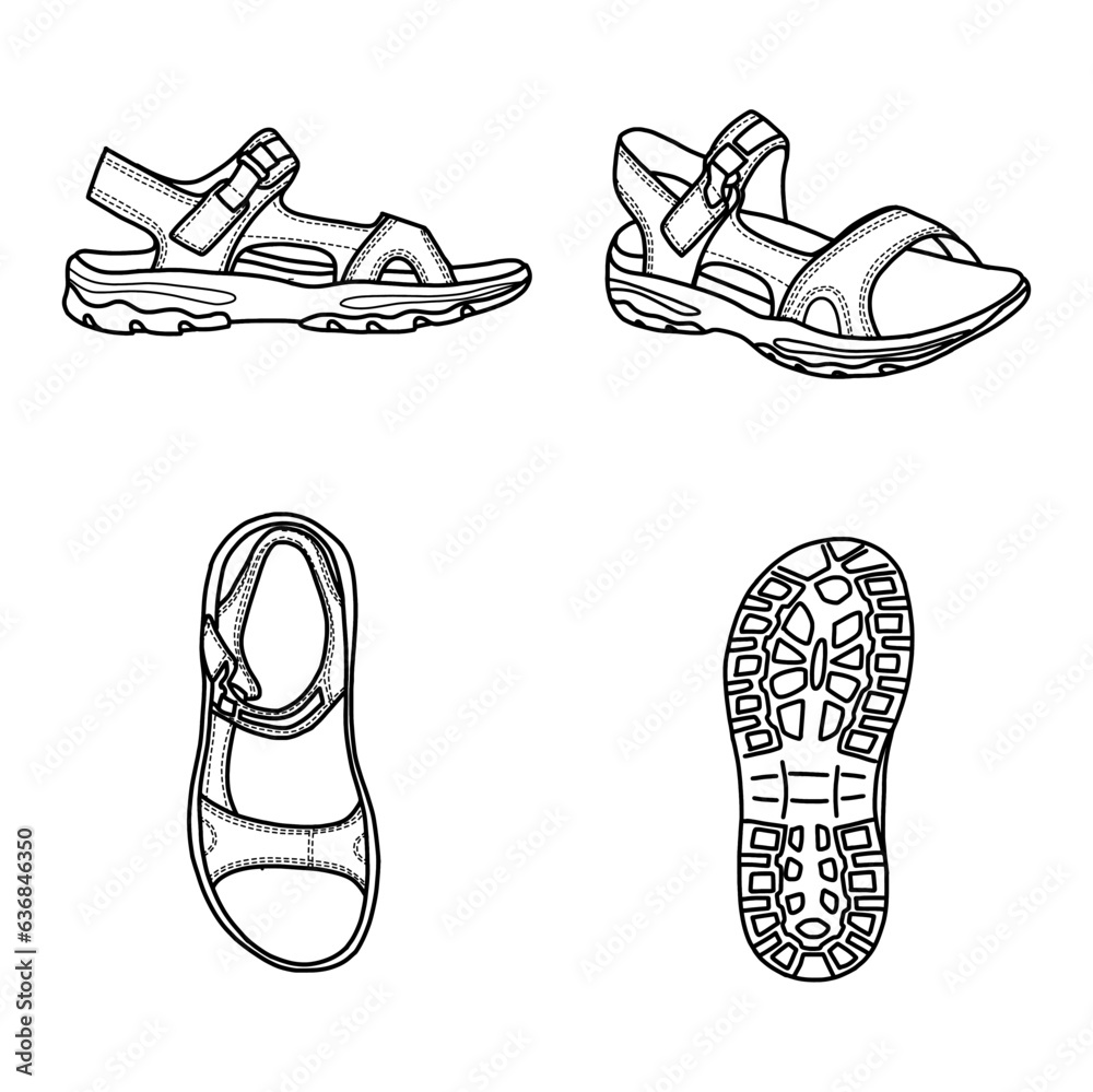 Template vector Men's sandals hand drawn collection, hiking sandals ...