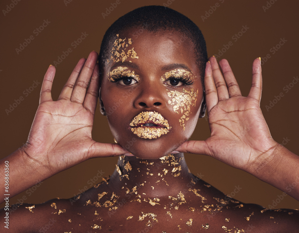 Cosmetics, portrait and black woman with gold makeup on brown ...