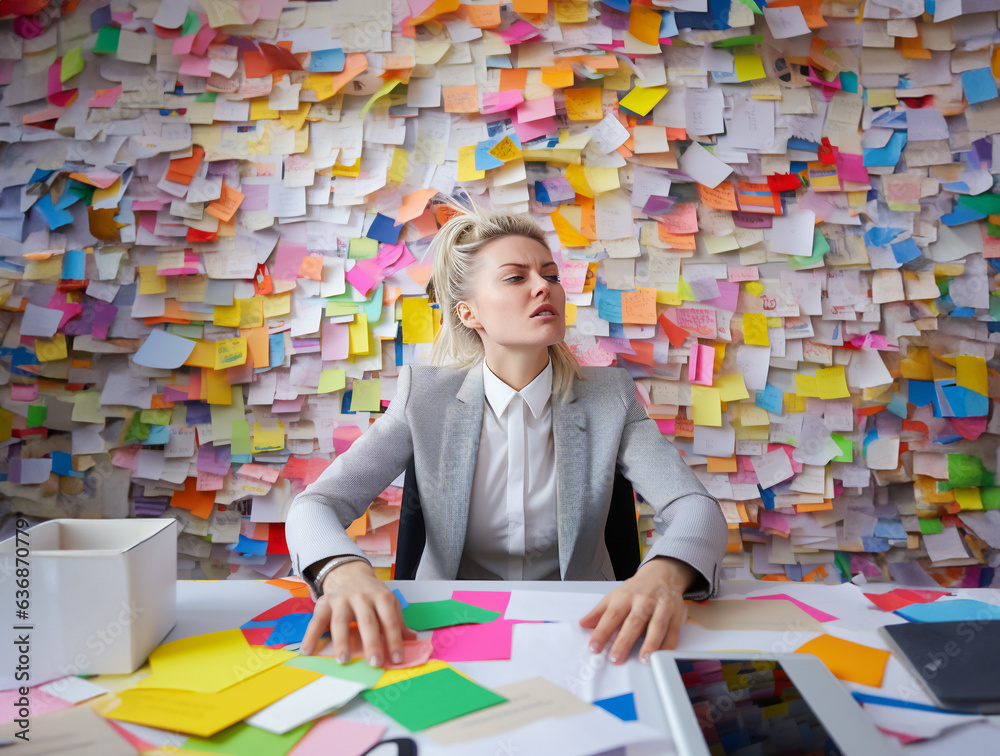Woman covered with colorful sticky notes. Fatigue at work. too many ...
