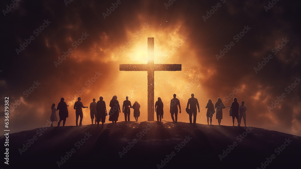 glowing cross crowd of people silhouettes. faith hope religion. Stock ...