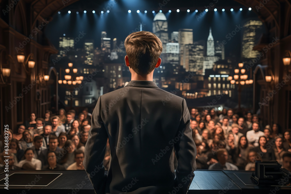 Boy and birl give speeches in front of students at school in blurred ...