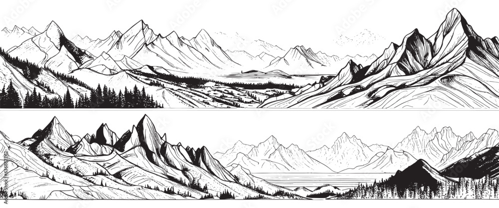 Vector sketch of hand drawn graphic mountain ranges and pine forest ...