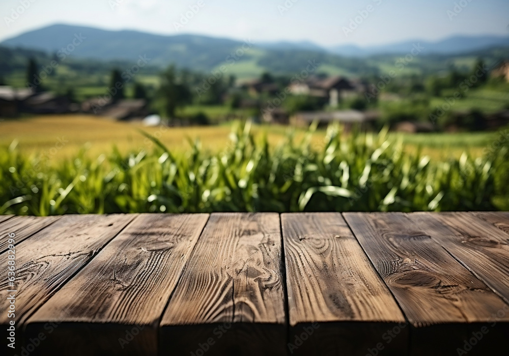 Empty wooden tabletop with the rice field view landscape background ...