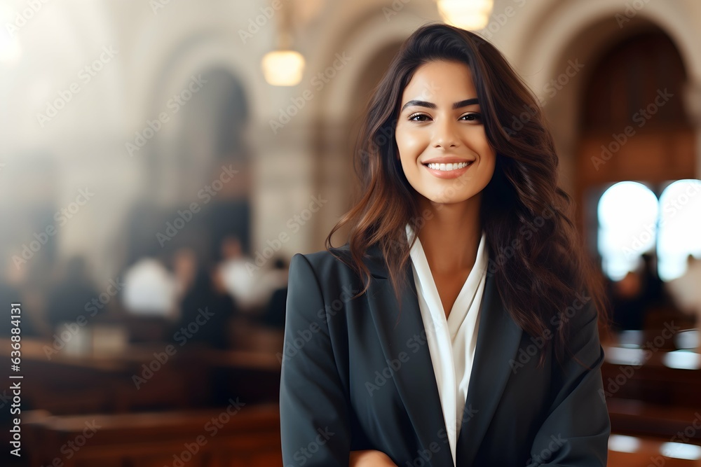 Smiling confident Latina female lawyer with a business suit in courthouse background ...
