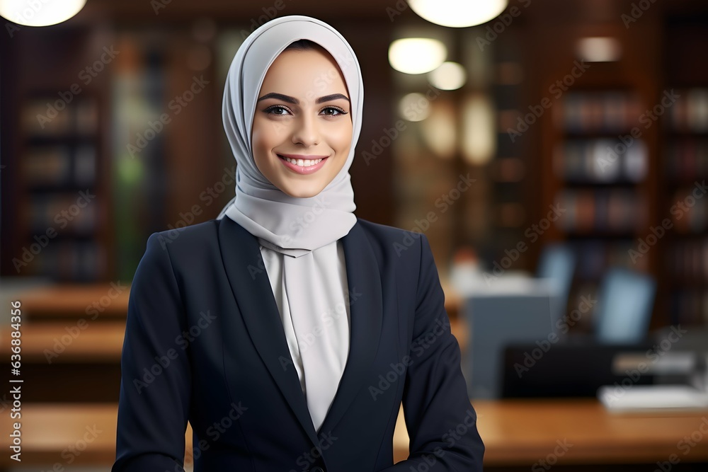 Smiling confident Arab female lawyer wearing a business suit and a ...