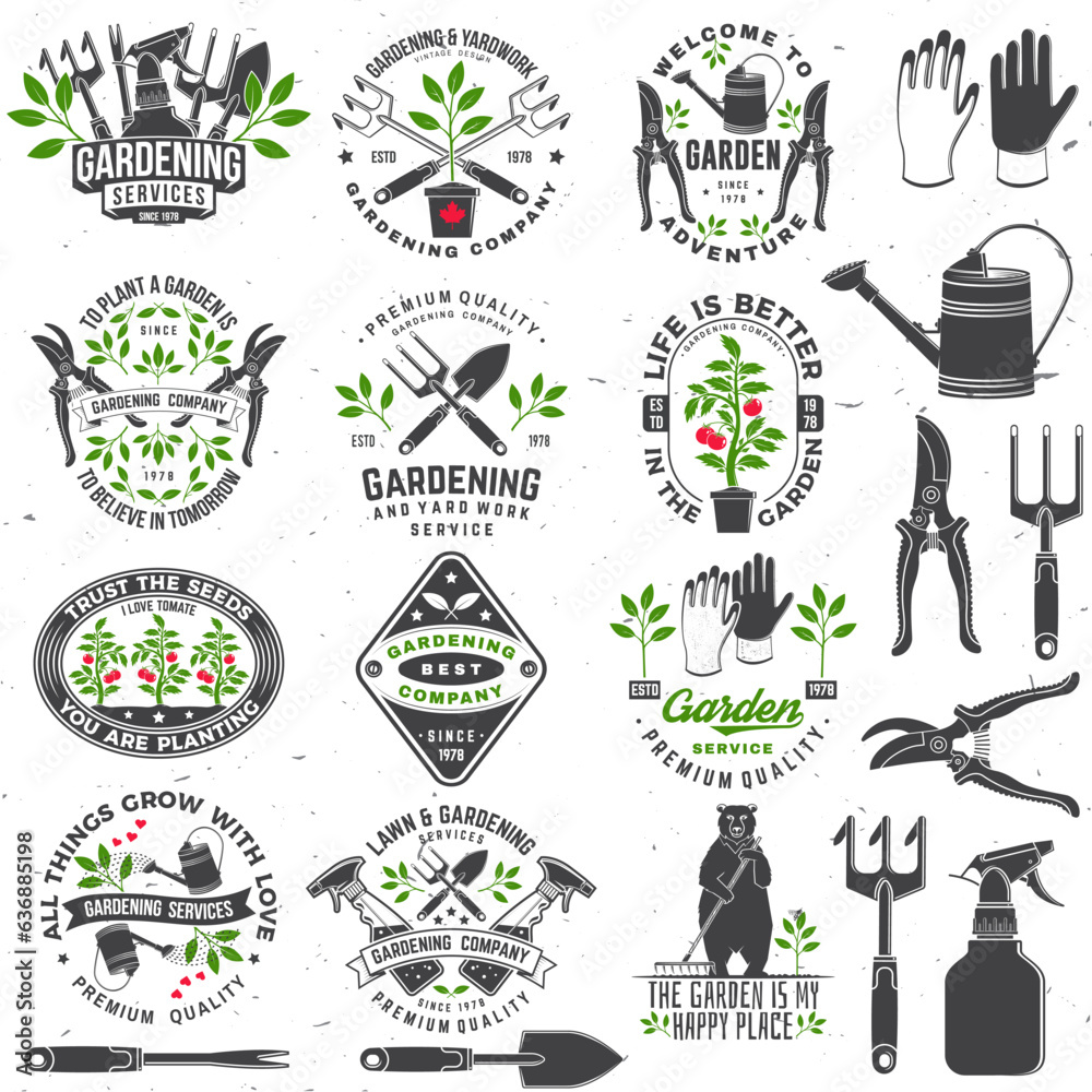 Set of gardening and yard work services emblem, label, badge, logo ...