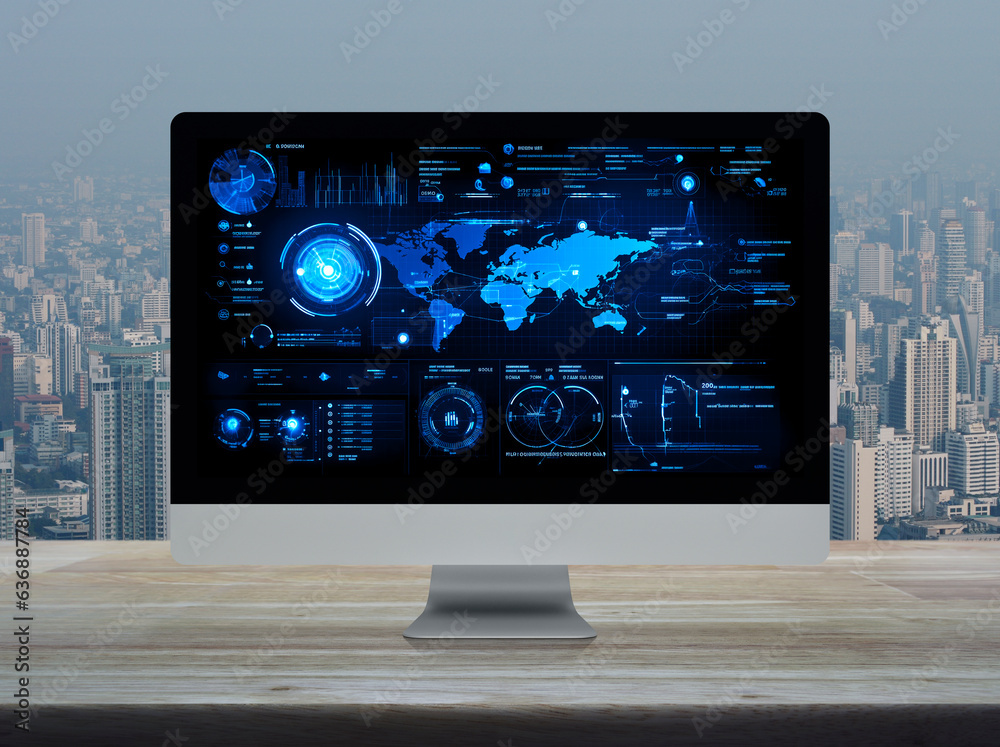 Computer with digital world map with data charts and stats screen on ...