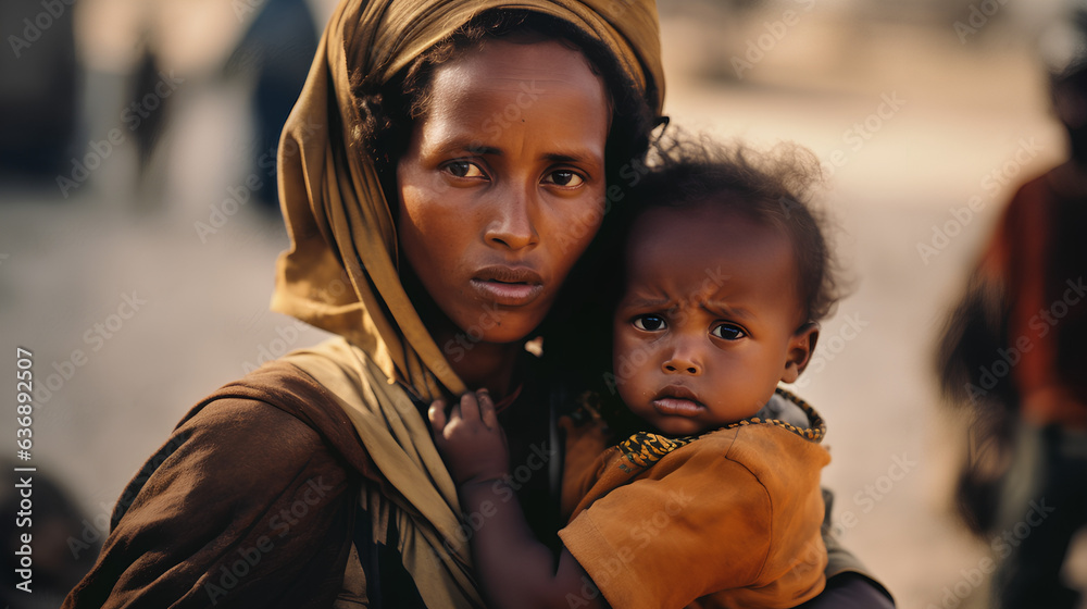 A homeless refugee woman with a child on the street. Migrants. Hunger ...