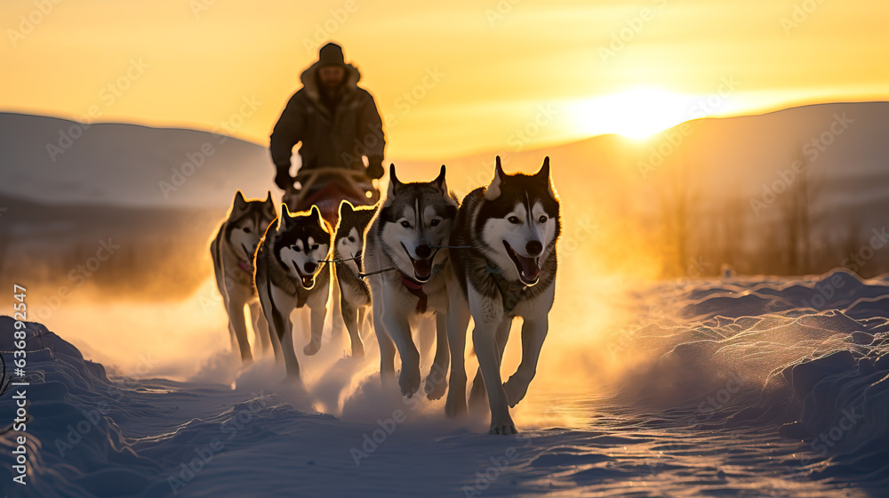 Husky sled dogs pulling a sled in arctic mountain wilderness. Shallow ...