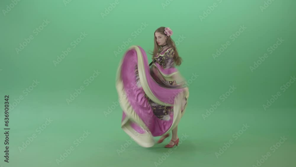Tzigane romana gypsy girl waving pink dress dancing isolated in green ...