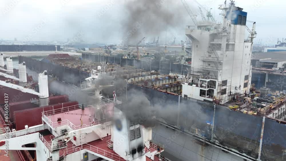 Smoke exhaust gas emissions carbondioxide from cargo lagre ship ...