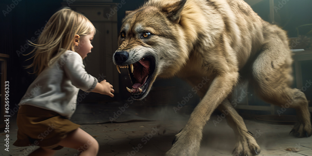 Dramatic scene of innocent blonde girl chased by aggressive wolf ...