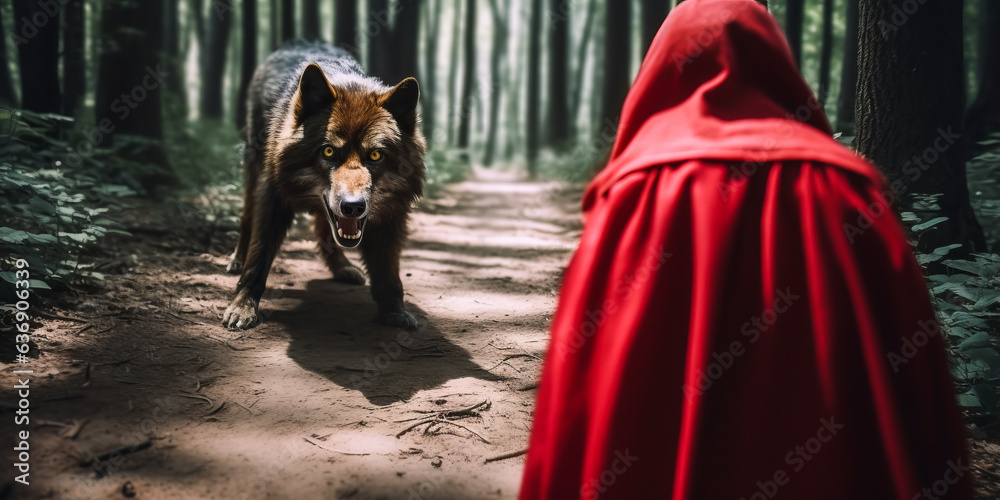 Suspenseful Little Red Riding Hood scene, girl in red cape and menacing ...