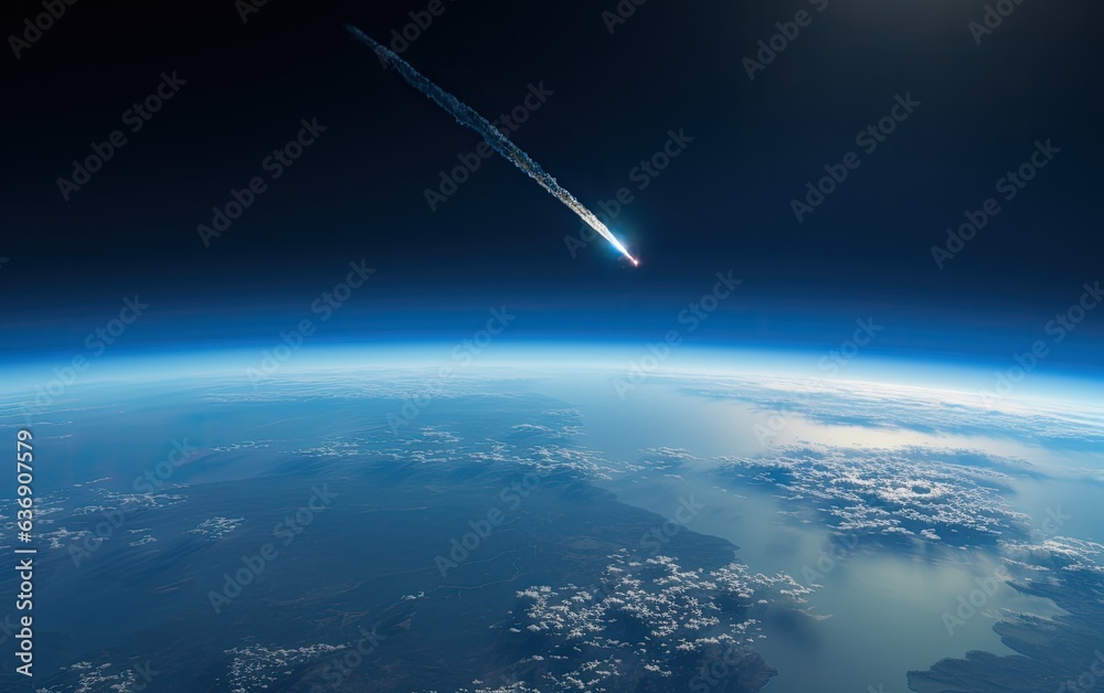 Fictional space view of an object, meteorite or rocket re-entering the Earth's atmosphere with a ...