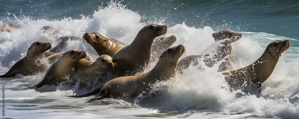 Exuberant seals frolicking in crystalline waves under a radiant azure ...