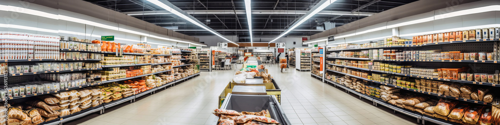 Starkly poignant, panoramic view of an eerily empty supermarket aisle ...