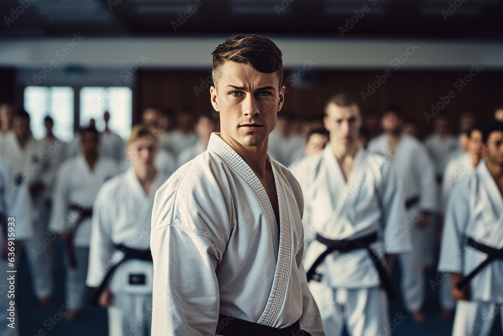 Karate or Judo asian martial art training in a dojo hall. young man ...