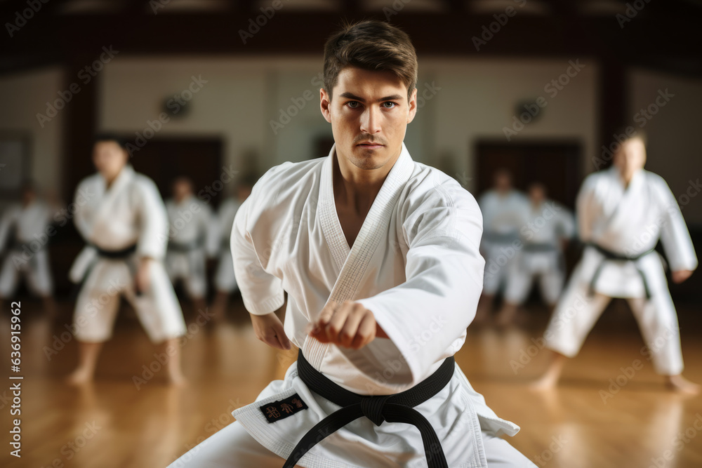 Karate or Judo asian martial art training in a dojo hall. young man ...