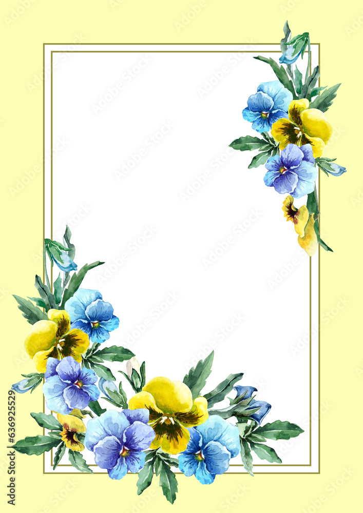 Floral rectangular frame with summer blooming flowers of yellow blue ...