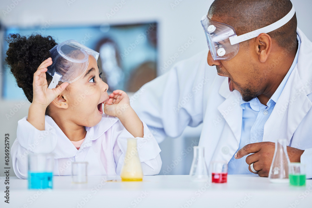 Wow, father and girl with chemistry experiment, knowledge and learning ...