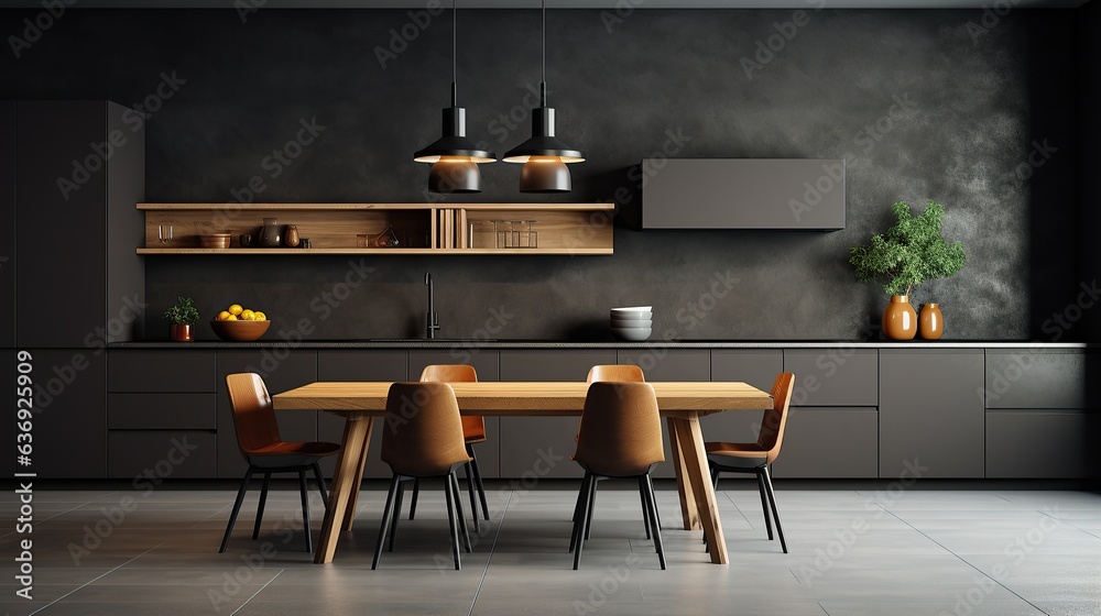 large kitchen room with modern interior design with wood table and ...