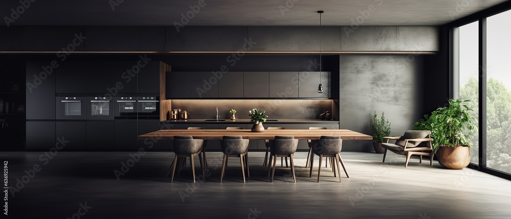 large kitchen room with modern interior design with wood table and ...