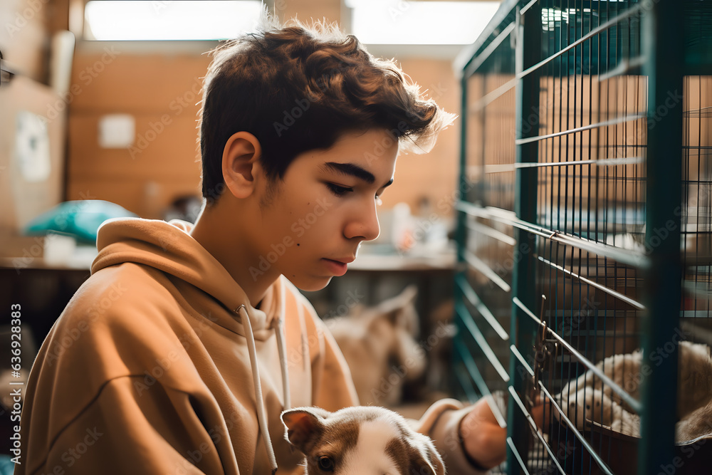 A teenage boy of Hispanic origin volunteering at an animal shelter ...