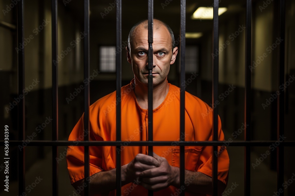 Middle aged Caucasian prisoner in orange uniform holds hands on metal ...