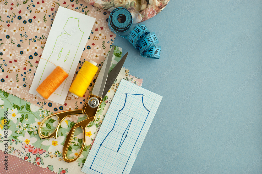 The process of cutting and sewing. Drawings of clothes, fabric ...