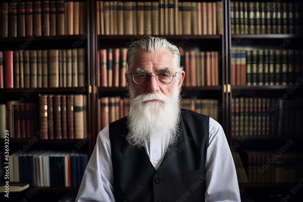 Foto de Elderly Male Librarian Amidst Towering Bookshelves: A Stalwart ...