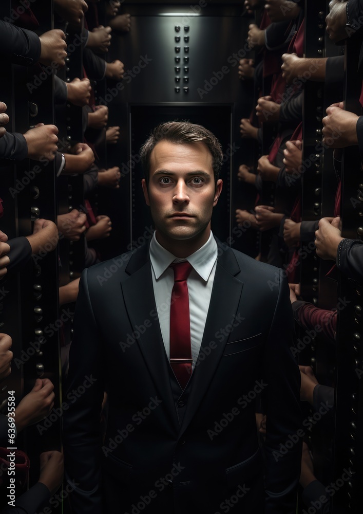 Concept of Monotonous Routine: A man stands in an elevator, surrounded ...