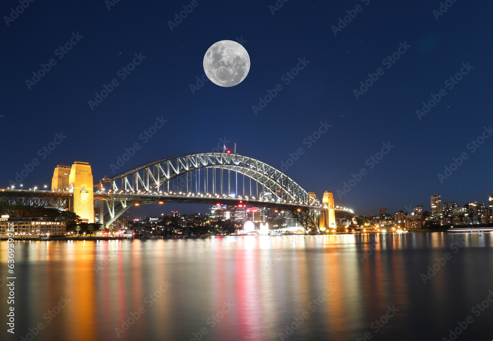 Panoramic night view of Sydney Harbour and City Skyline with a Sturgeon ...
