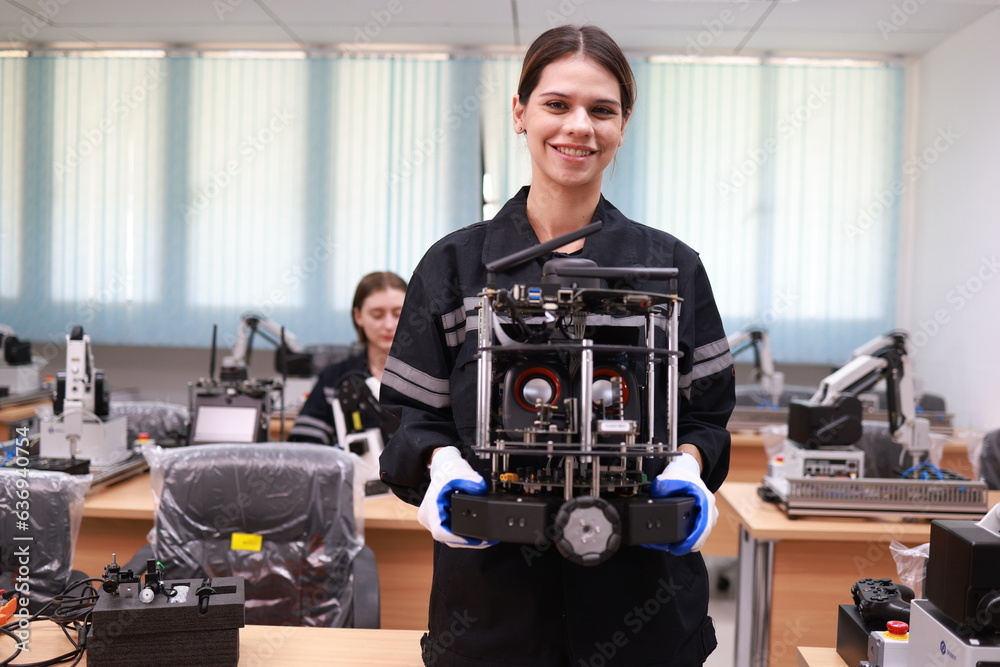 The young female electrician engineer holding the motherboard prototype ...