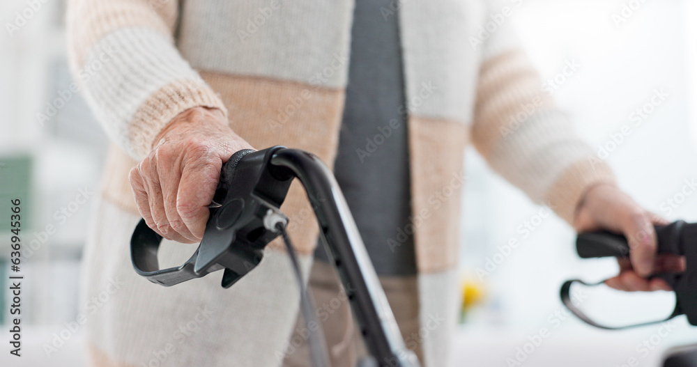 Hands, walking aid and a senior person with a disability in recover or ...