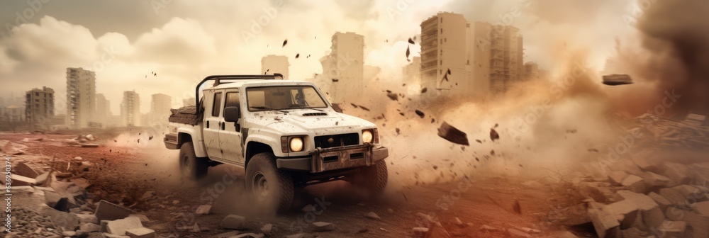 Military pickup truck with machine gun crosses through destruction ...