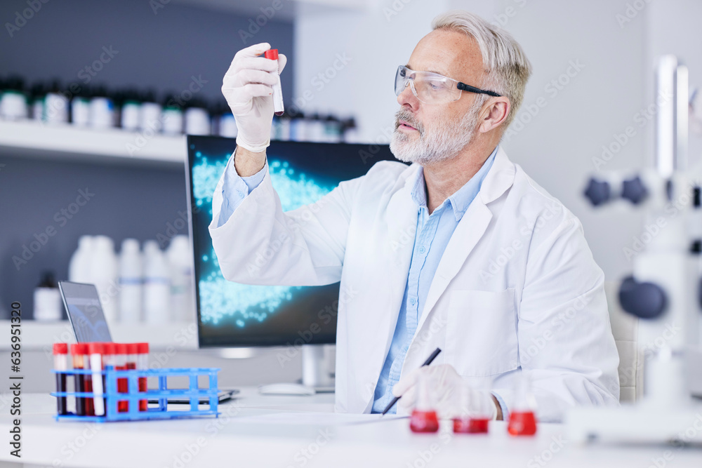 Science, blood sample and man with test tube in laboratory for research ...