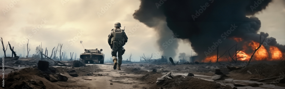 Military special forces soldiers crosses destroyed war zone through ...