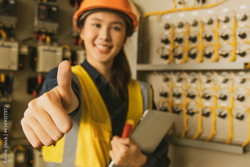 Engineer electrician confident female worker showing thumbs up checking ...